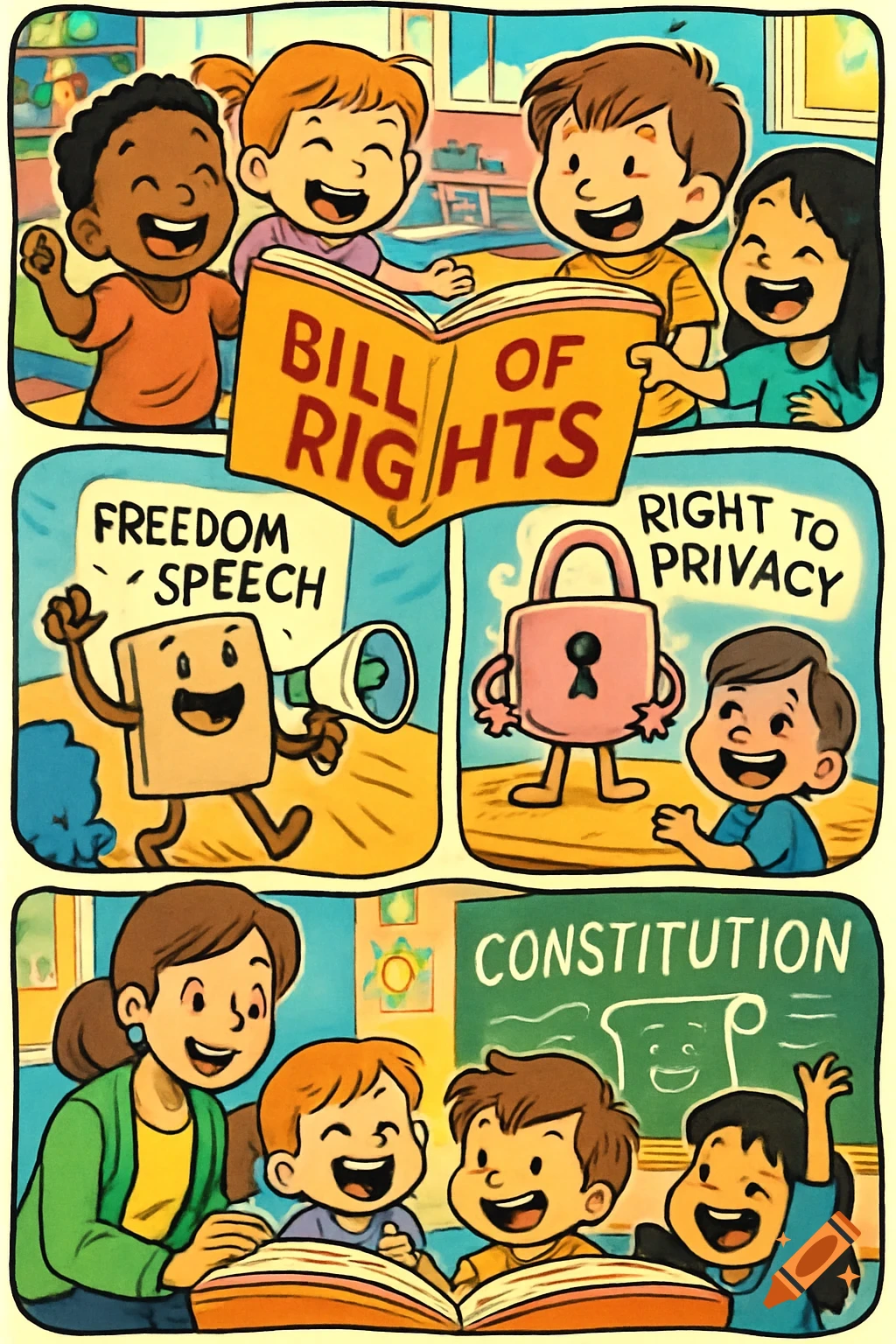 Cartoon comic strip of children learning about the Bill of Rights and ...