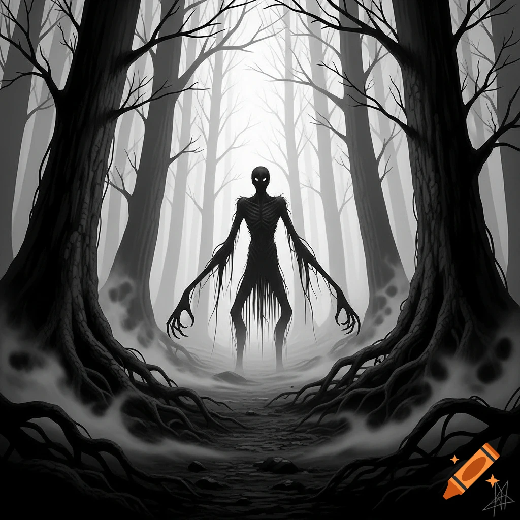 A tall, shadowy, slender figure with glowing eyes and long, clawed arms ...