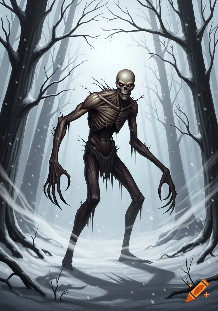 A gaunt, skeletal monster with glowing red eyes and long claws stands ...