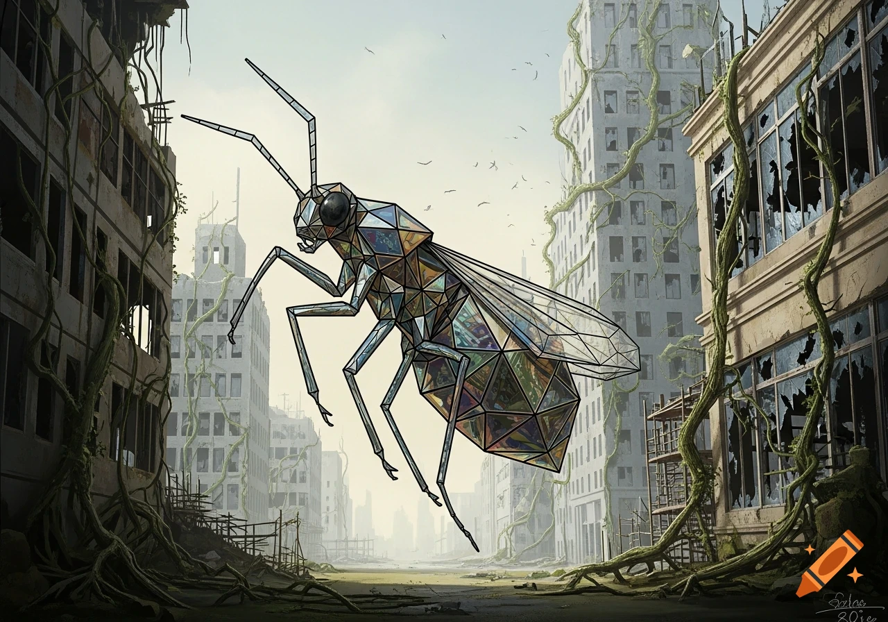 A large, multifaceted geometric insect floats above a desolate, vine ...
