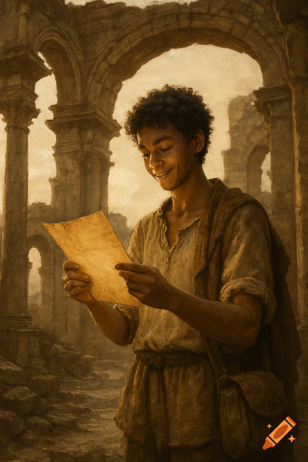 A young man with curly hair smiles while reading a weathered parchment ...