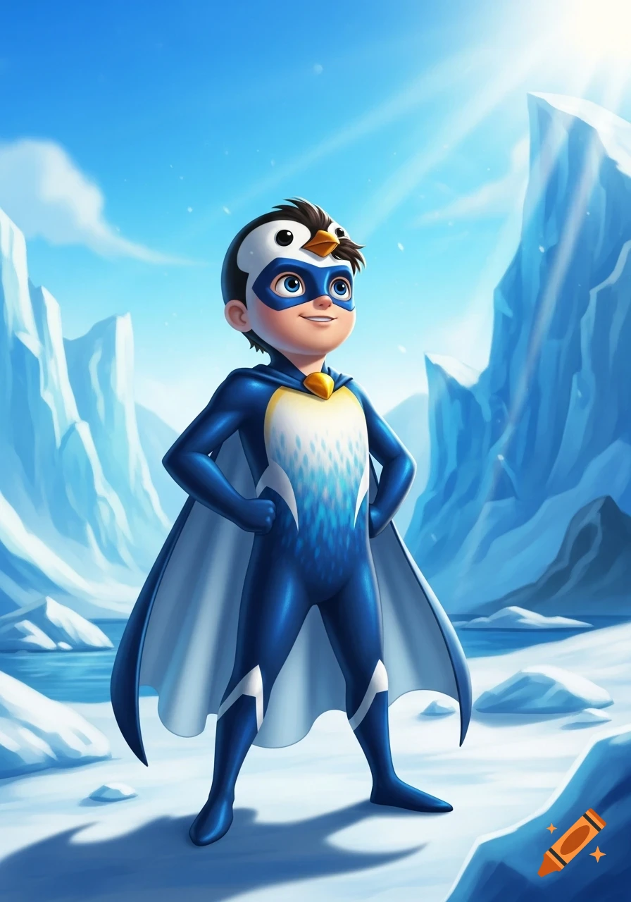 A cartoon boy superhero in a blue and white penguin costume with a cape ...