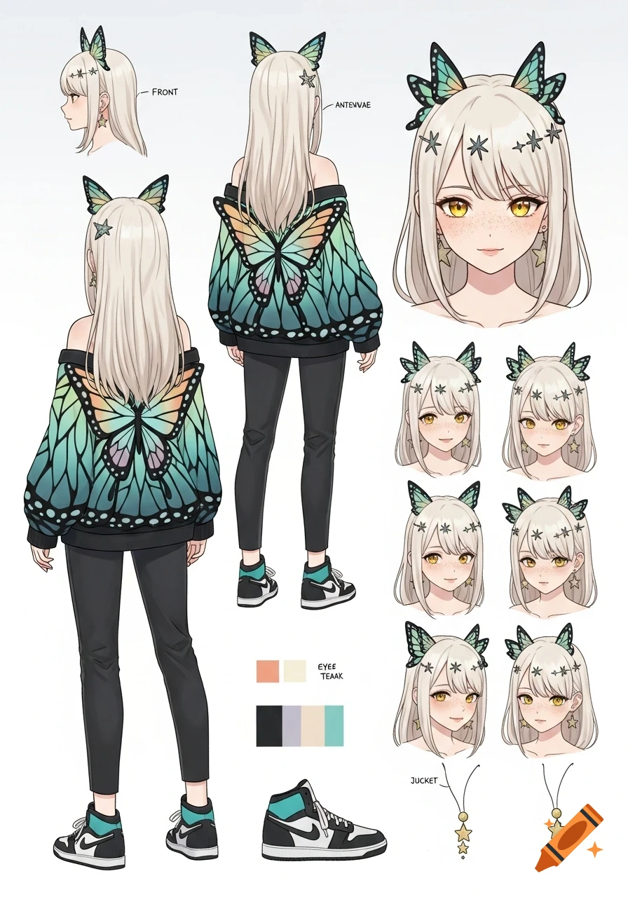 An anime character design sheet of a VTuber girl with blonde hair ...