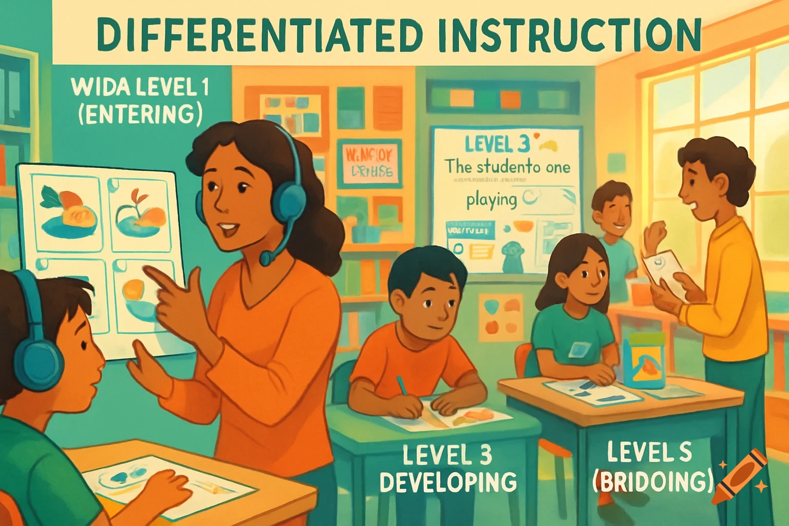 An illustration of a diverse classroom with a teacher instructing ...