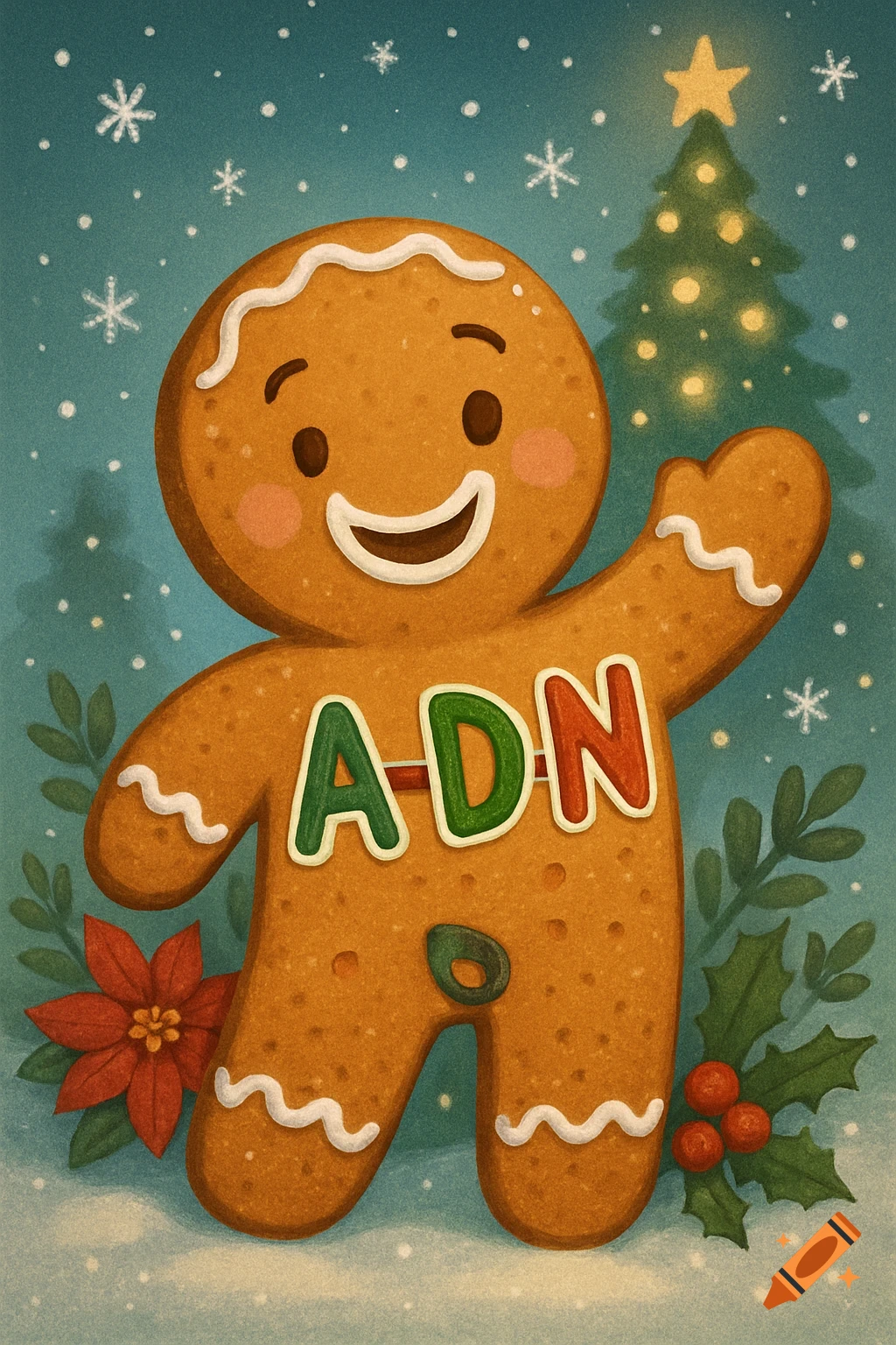 Smiling gingerbread man waving, with 'A-DN' on its chest, surrounded by ...