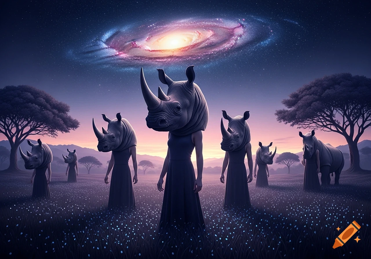 Surreal image of several figures with human bodies and rhino heads, and ...