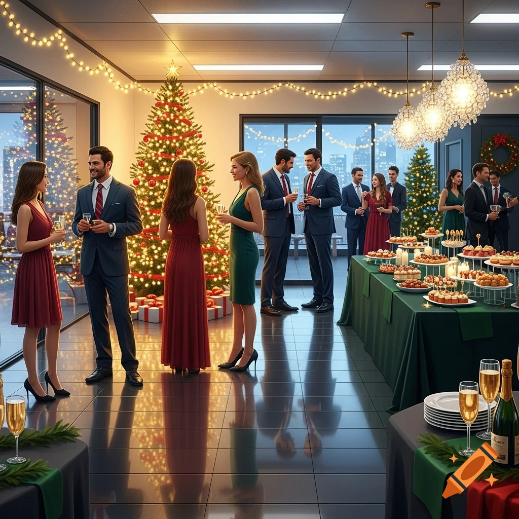 People in formal attire mingle at a photorealistic Christmas office ...
