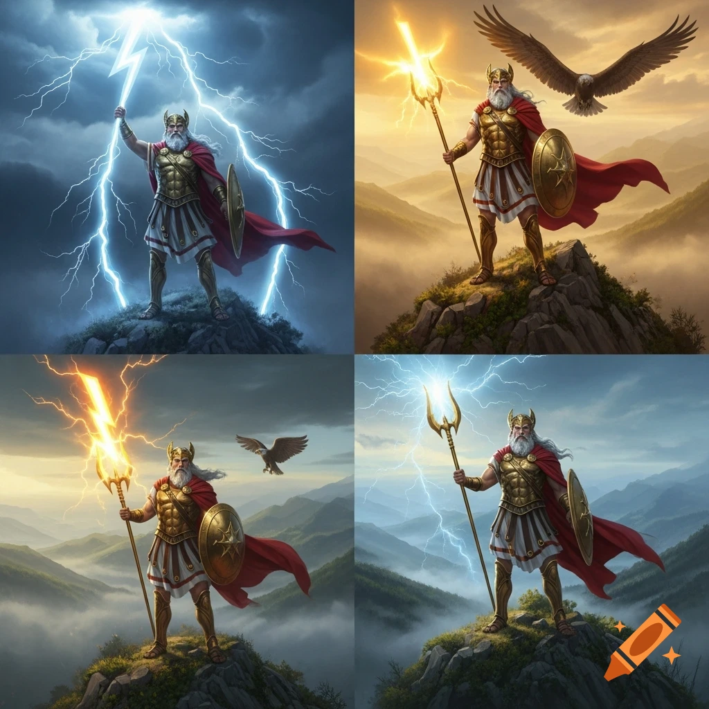 Four images of an armored, white-bearded Zeus-like god with a red cape ...
