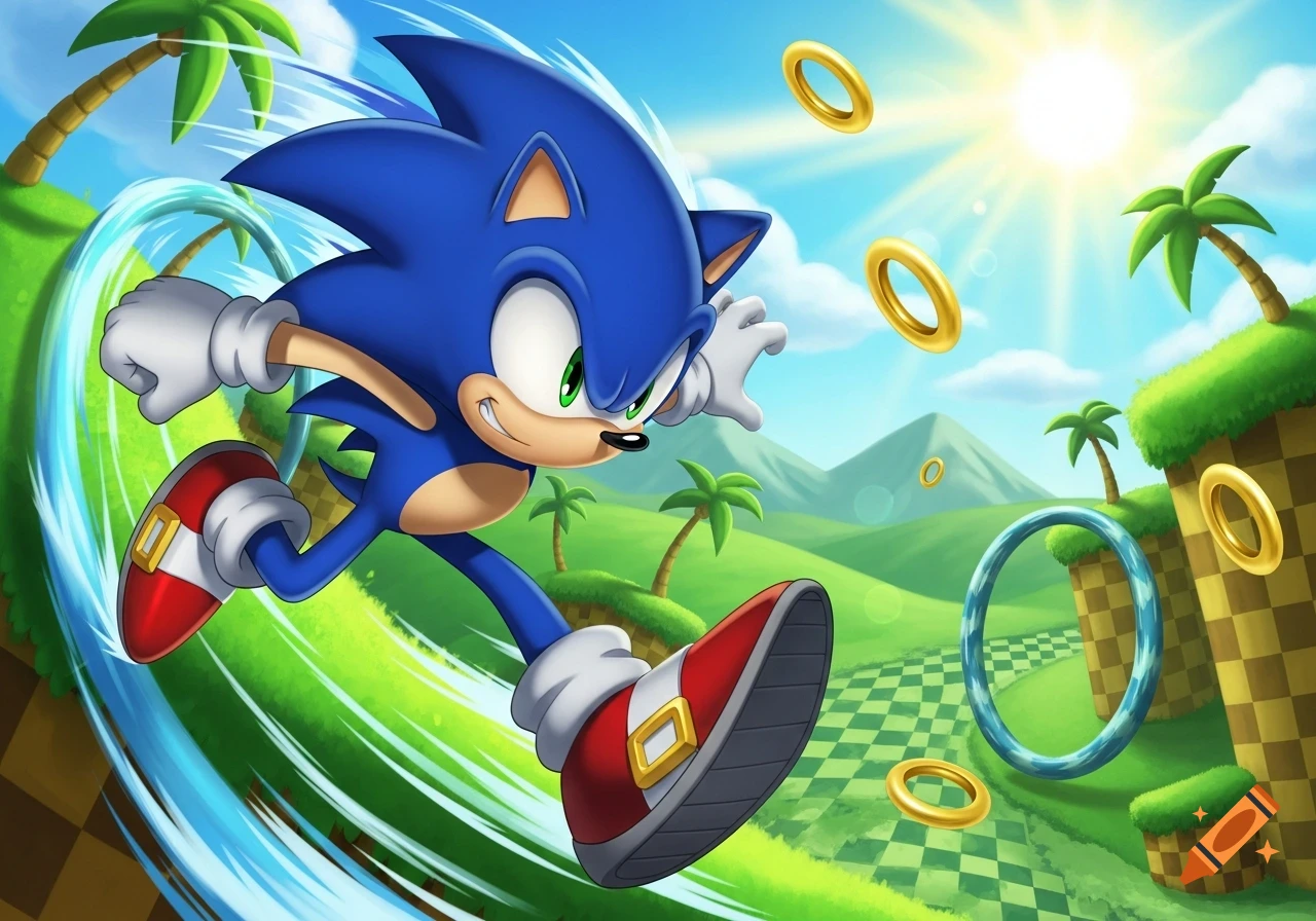 Sonic the Hedgehog speeding through a vibrant green landscape with ...