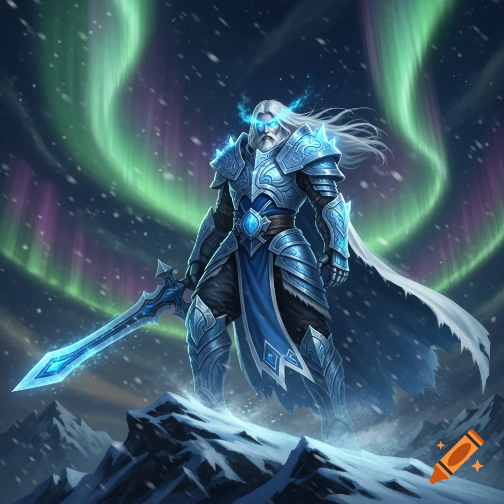 A majestic snow god in glowing blue armor holds an icy sword on a snowy ...