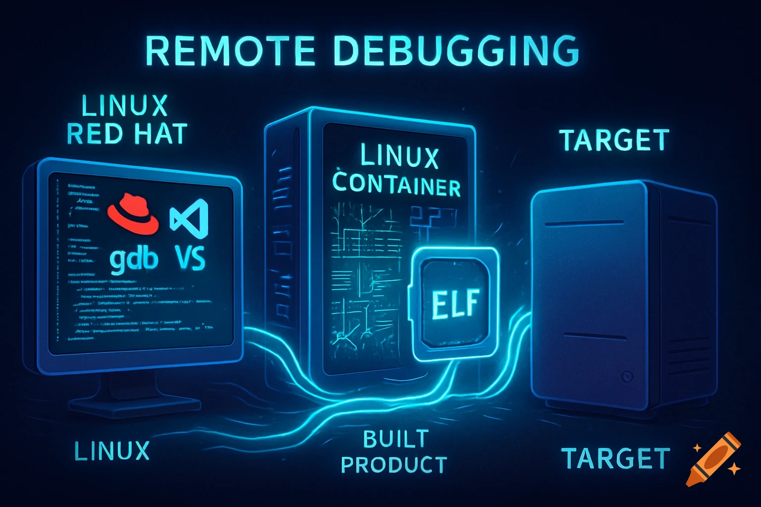 A technical diagram illustrating remote debugging, showing a Linux Red ...