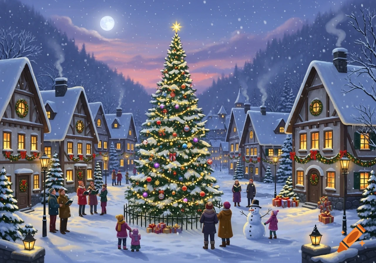A picturesque snowy Christmas village at night with a large, decorated ...