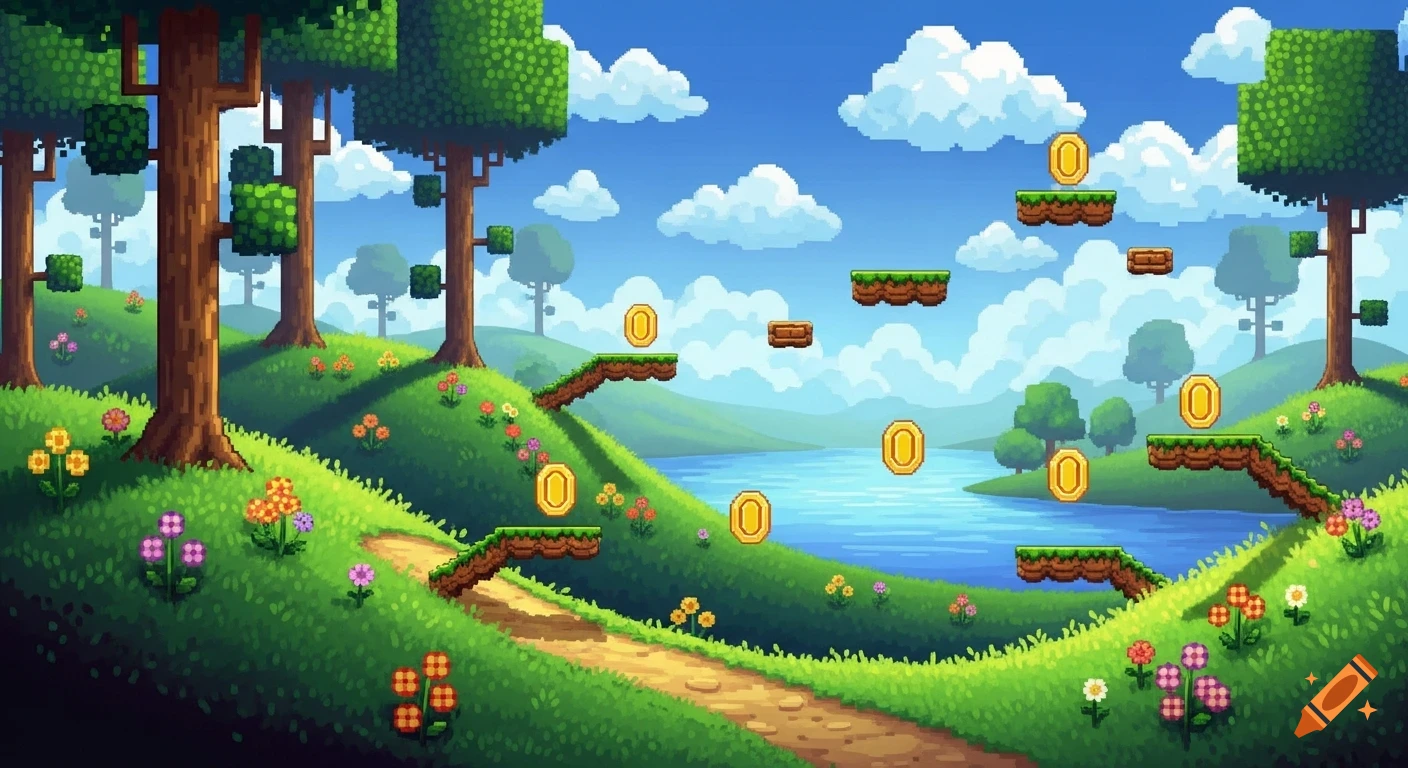 Pixel art 2D platformer background with green hills, trees, a lake, a ...