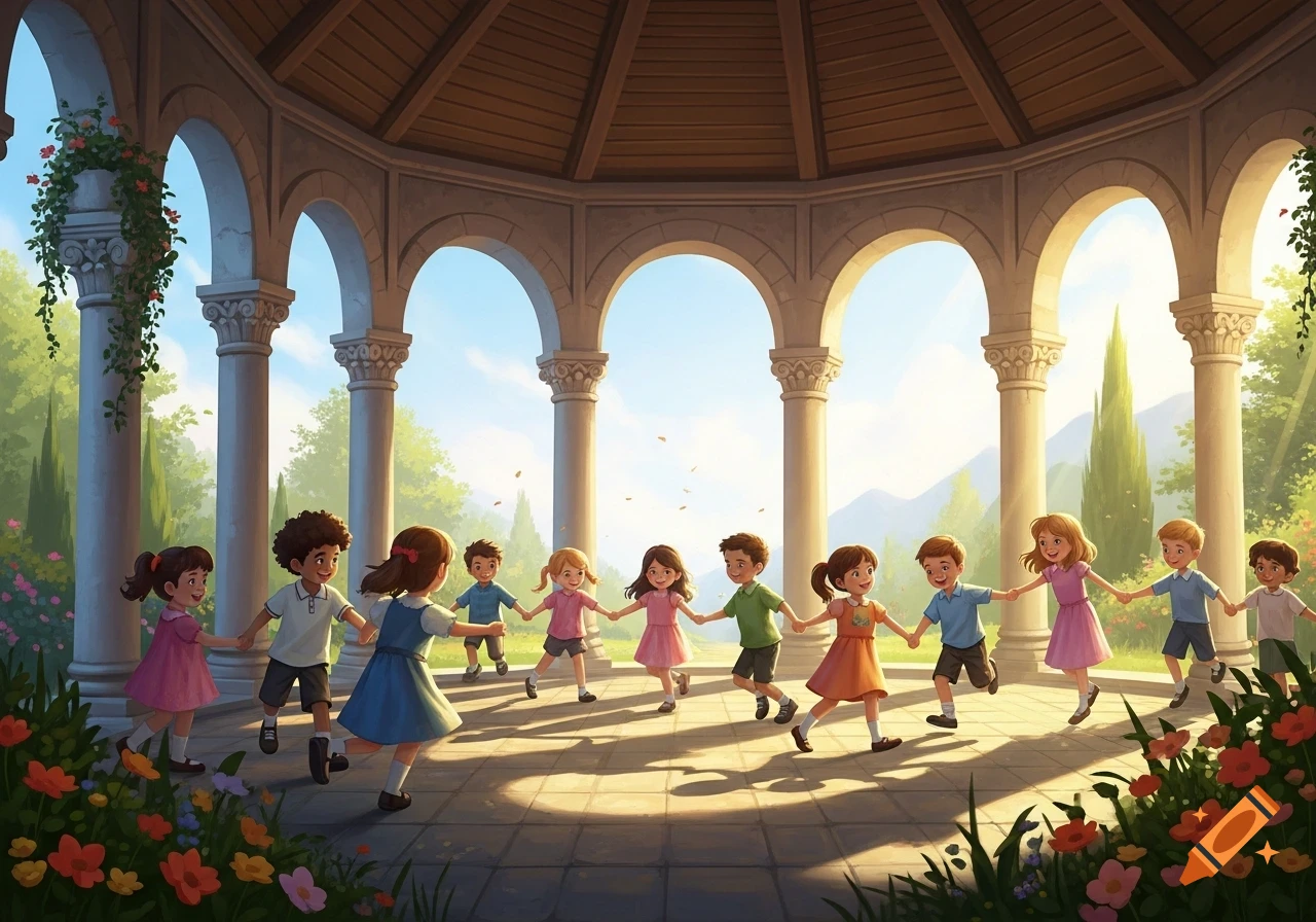 Illustrated image of children holding hands and dancing in a circle ...