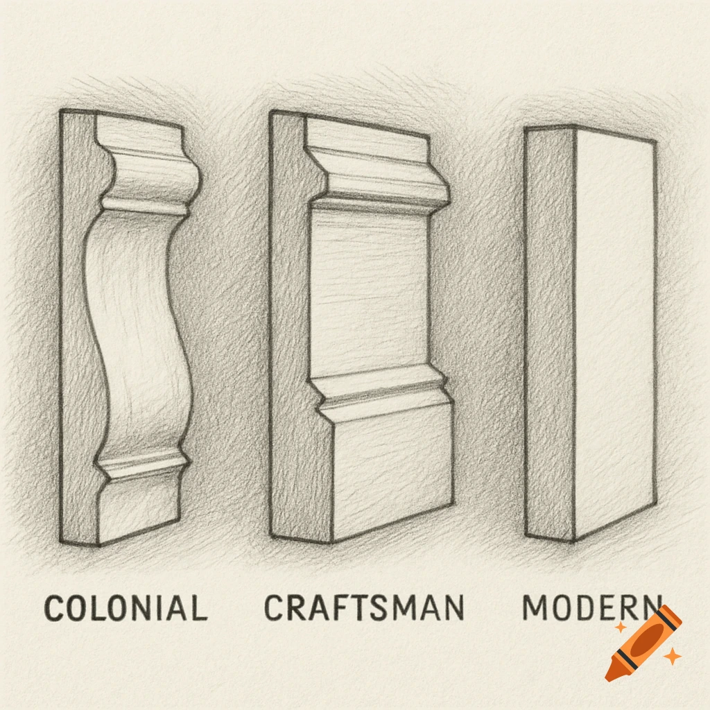 A sketch comparing three trim molding profiles: colonial, craftsman ...