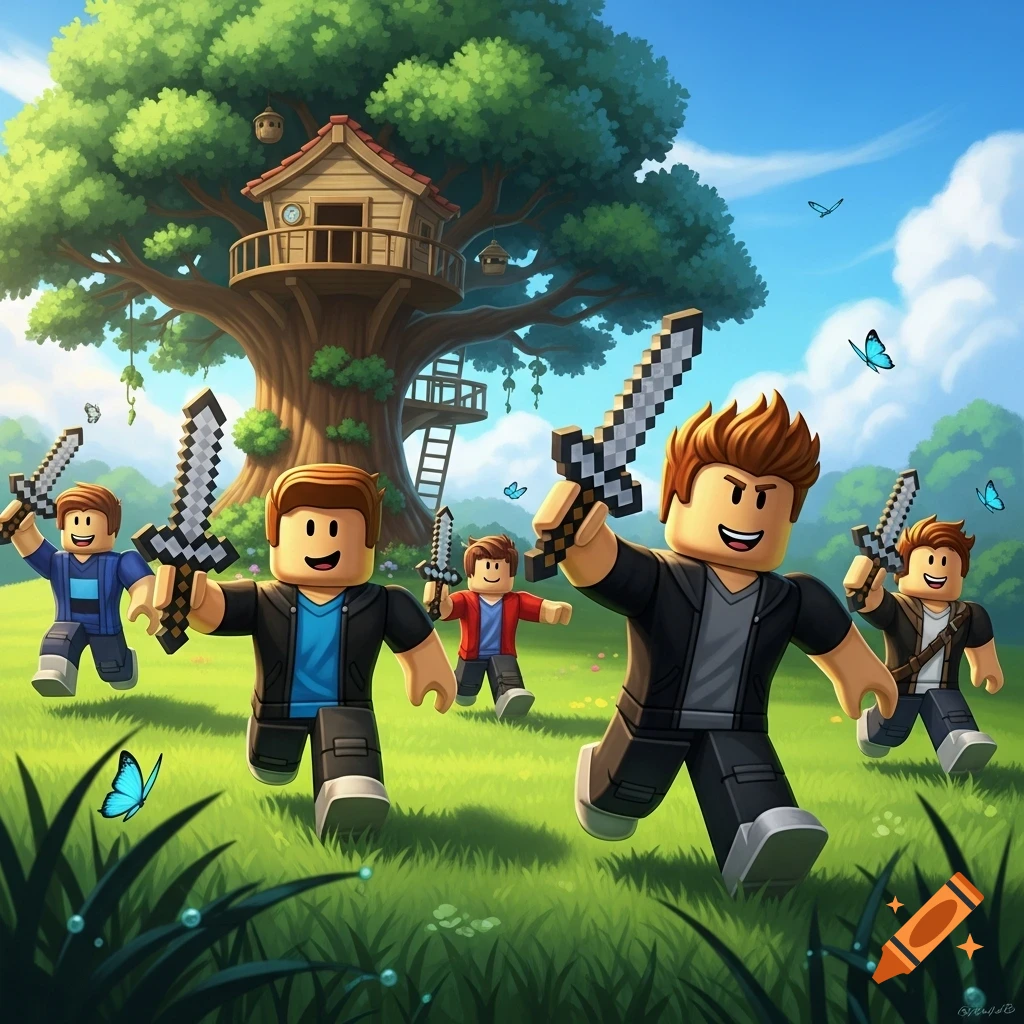 Roblox-style characters with pixelated swords run across a grassy field ...