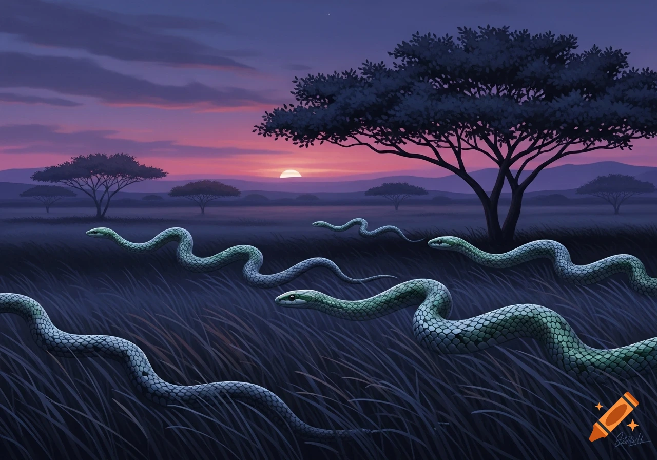 Illustrated savanna scene at sunset with several green snakes ...