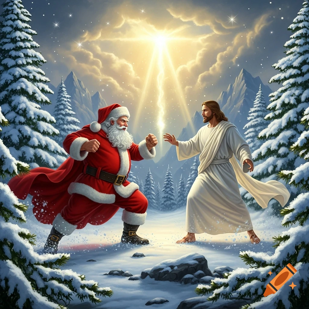 Dynamic illustration of Santa Claus and Jesus confronting each other in ...