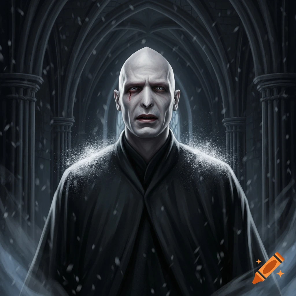 Pale, bald Voldemort with a distorted face and bloody eyes, wearing a ...