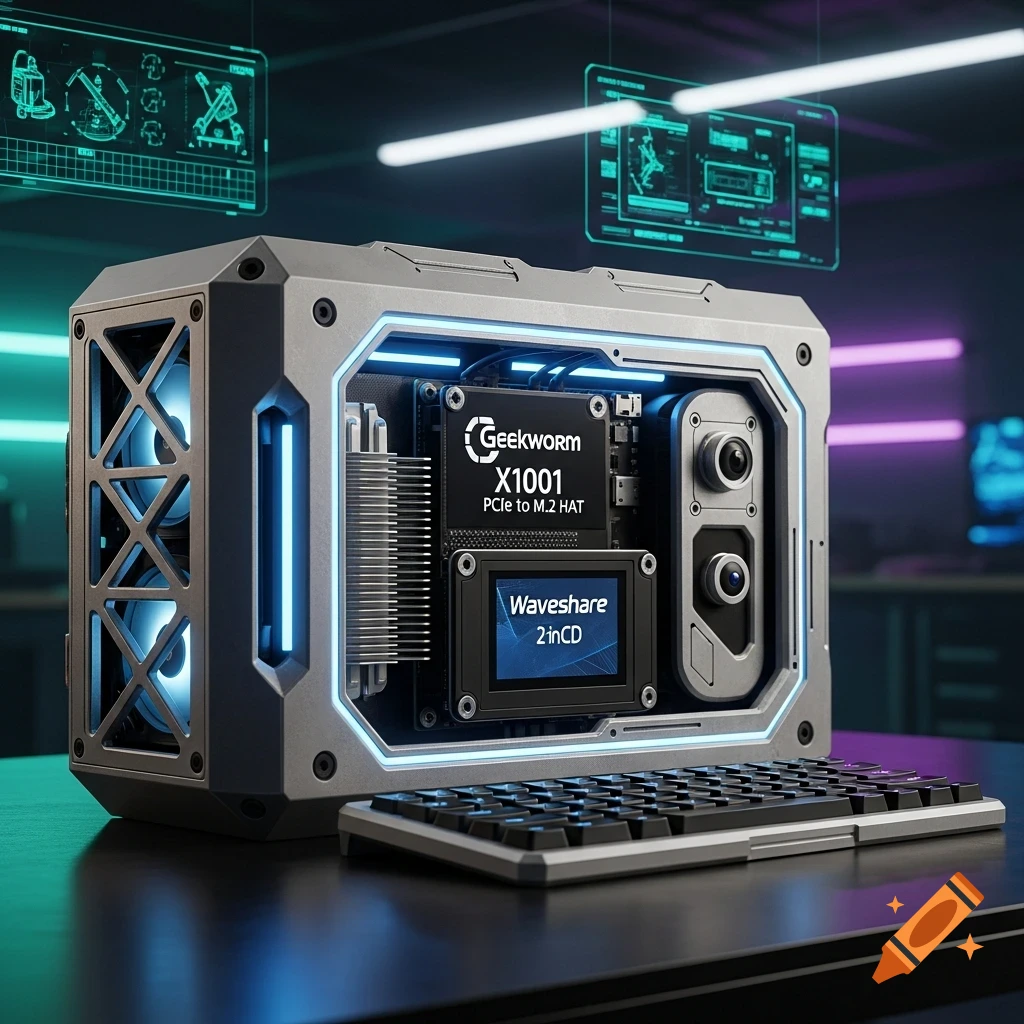 A futuristic cyberdeck-style compact computer with exposed internal ...