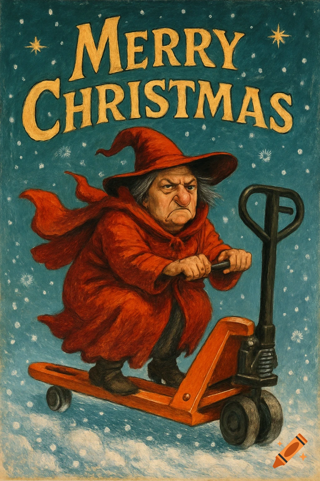 Grumpy witch in a red cloak and hat rides a pallet jack in snow. Text ...