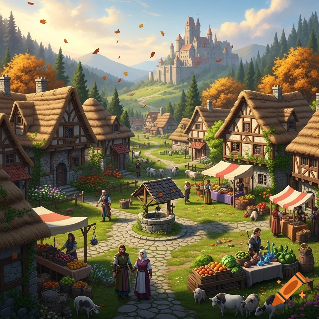 A vibrant fantasy medieval village in autumn, featuring thatched-roof ...