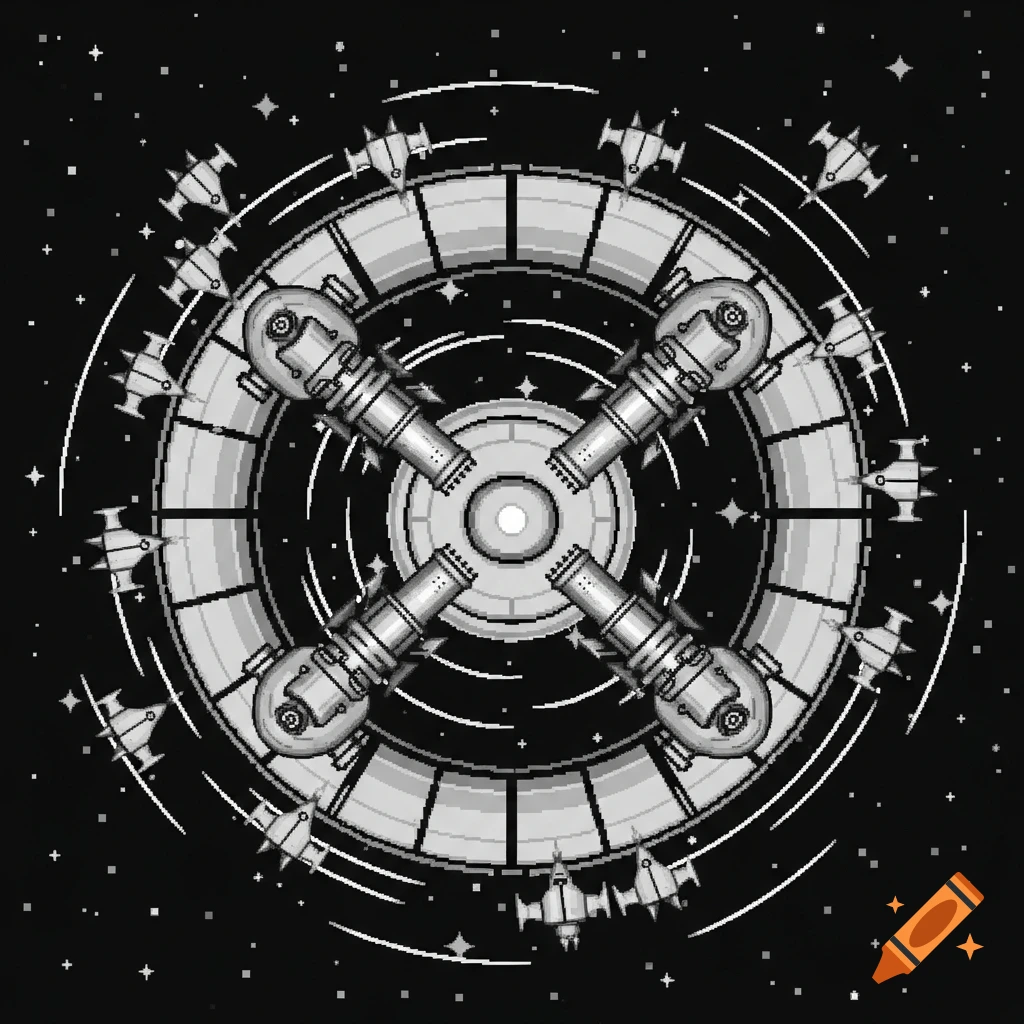 Pixel art of a space station with four cannons in a rotating disk ...