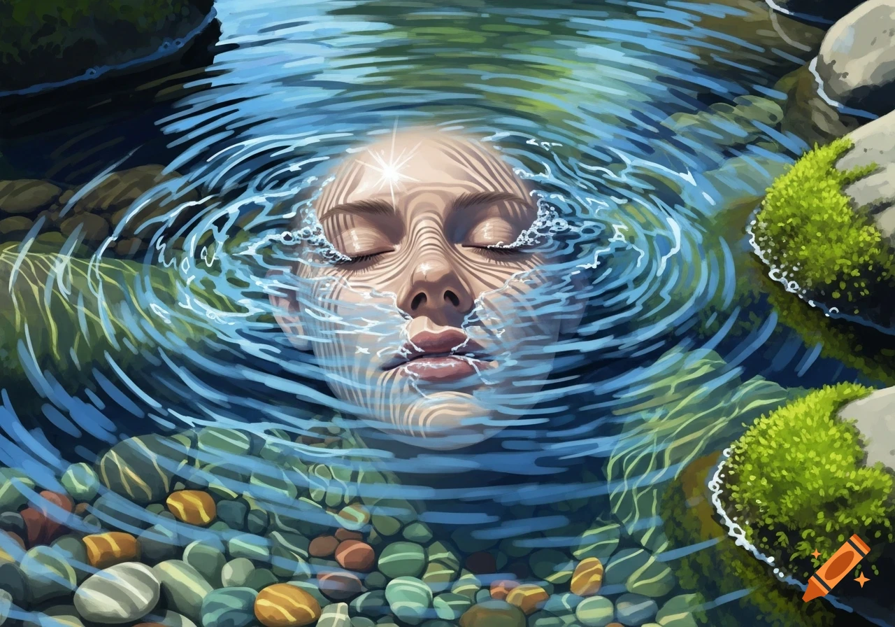 Artistic illustration of a person's face submerged in clear river water ...