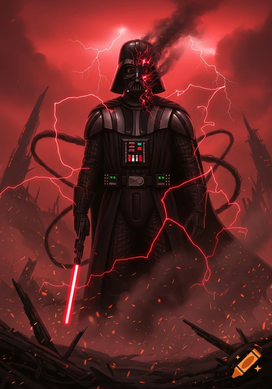 Corrupted Darth Vader stands amidst destruction, holding a red ...