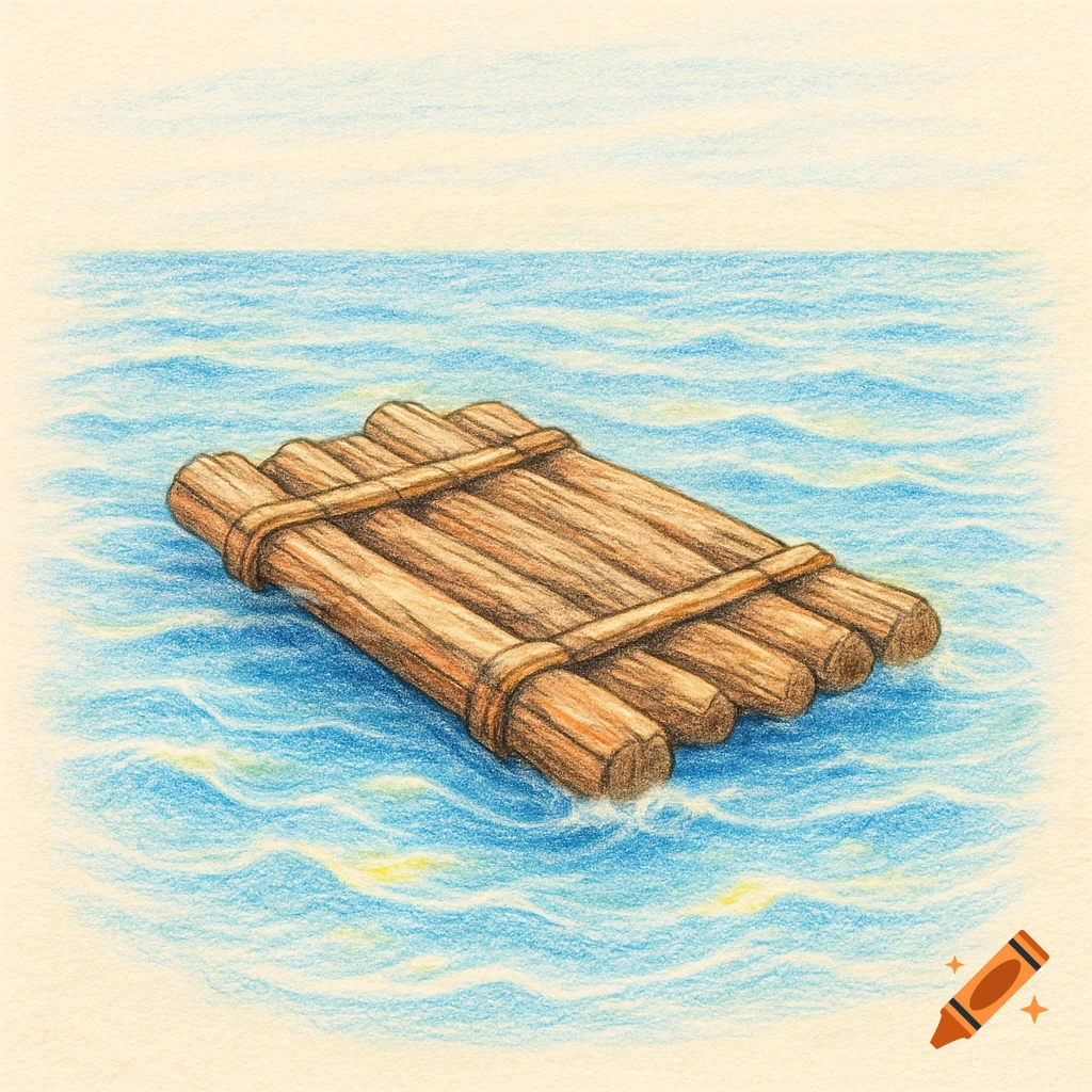 A hand-drawn colored pencil sketch of a wooden raft floating on gentle ...