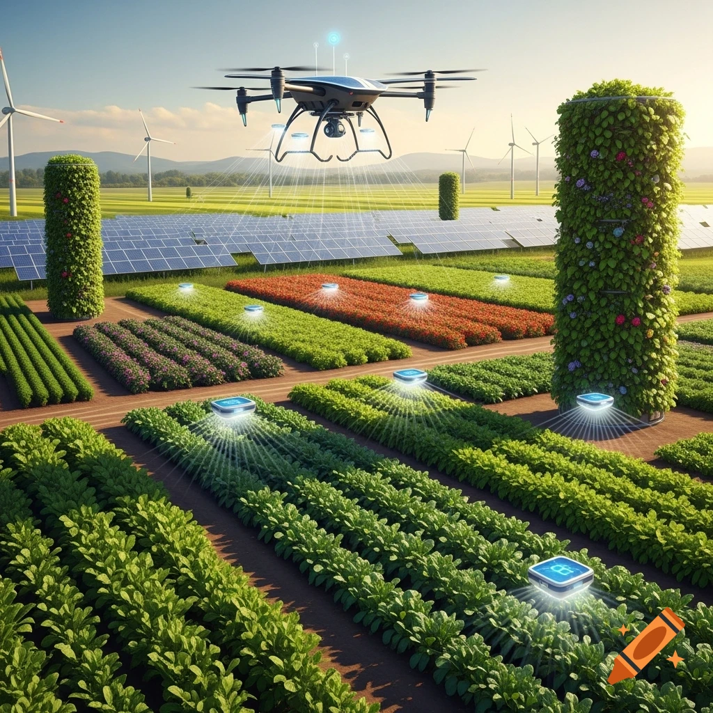 Photorealistic smart farm with a drone, solar panels, wind turbines ...