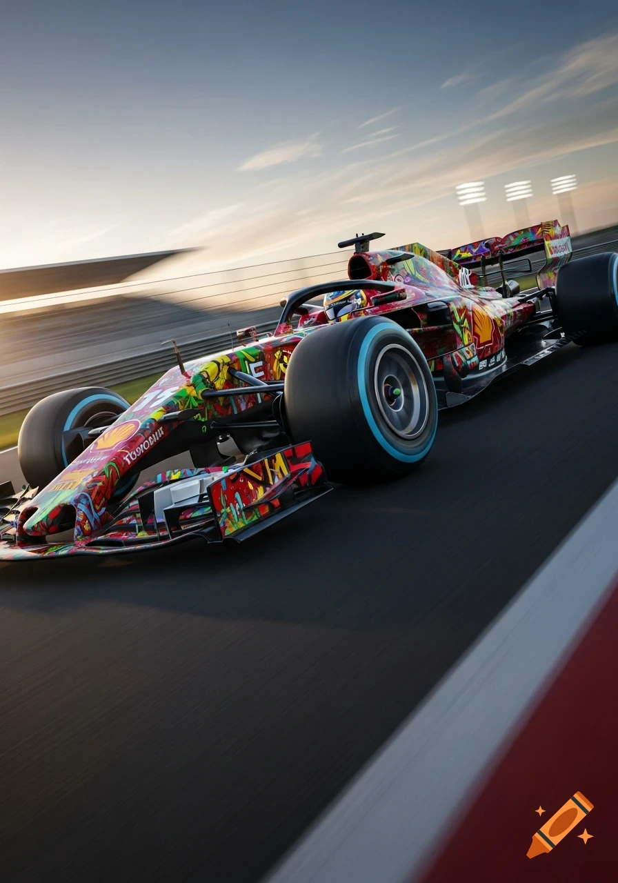 A vibrant, graffiti-painted Formula 1 car with blue-ringed tires races ...
