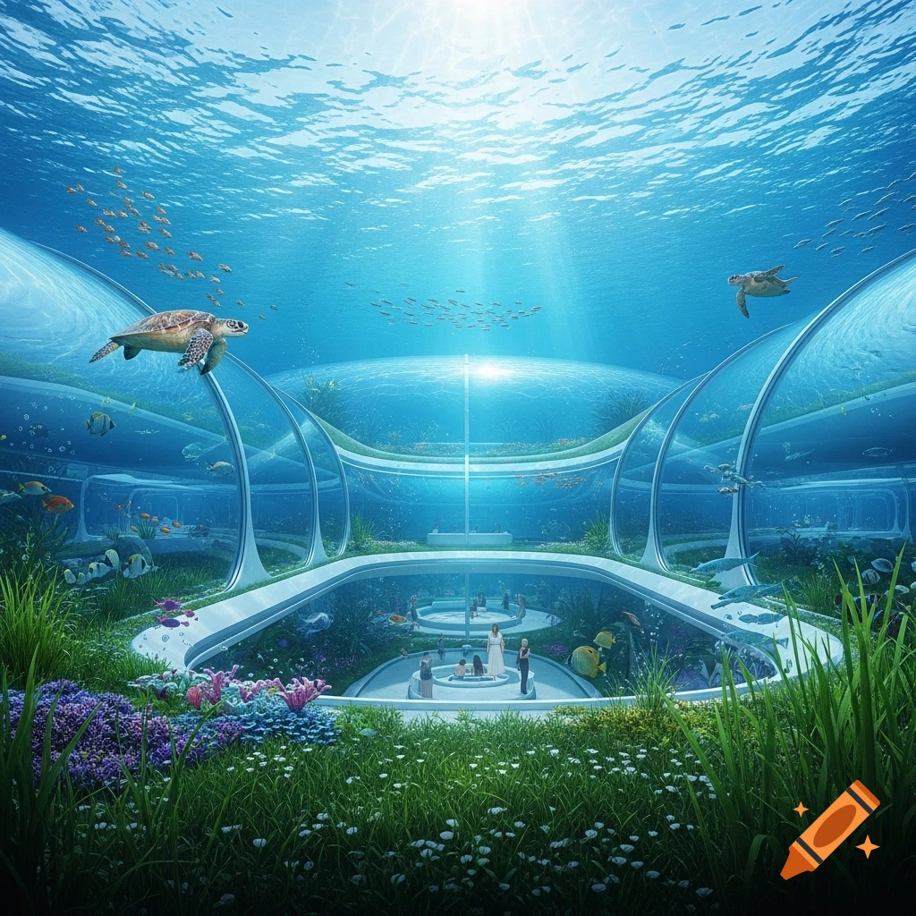 A futuristic underwater recreation facility with glass domes ...