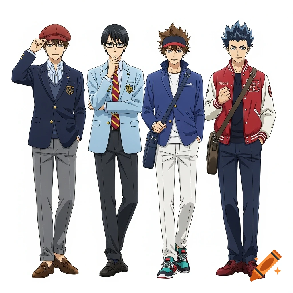 Four anime-style young men in preppy attire, each with a distinct pose ...