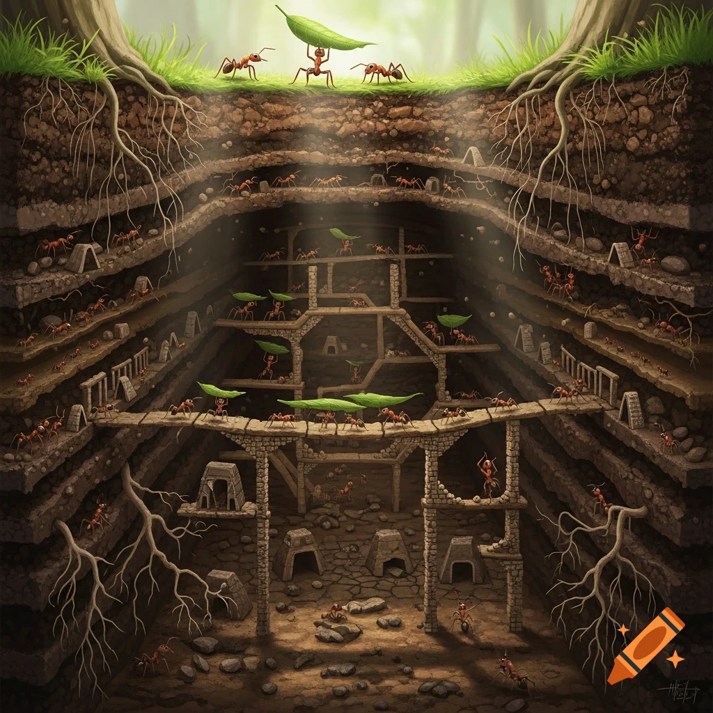 Detailed illustration of an intricate underground ant colony, with ...