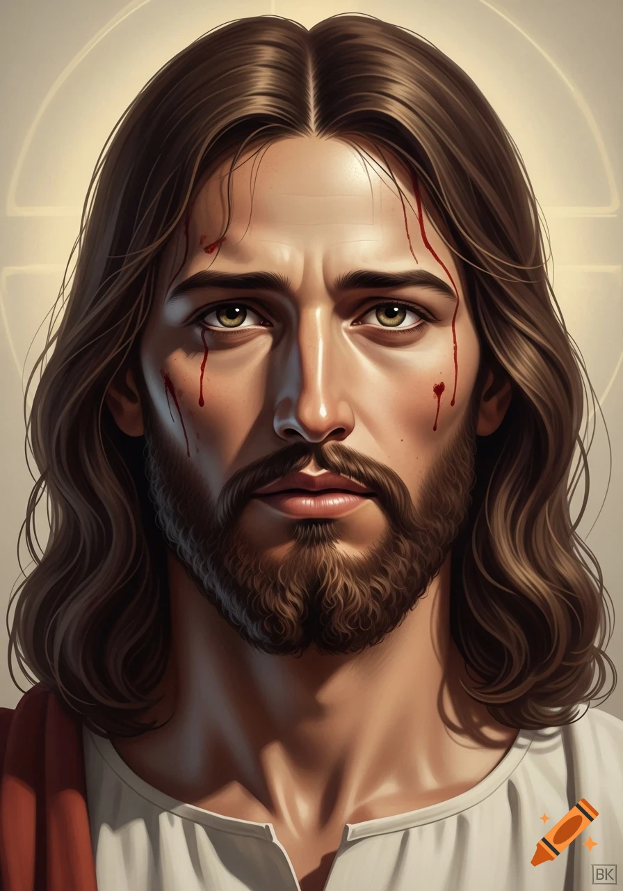 Ultra-realistic portrait of Jesus Christ with long brown hair, a beard ...