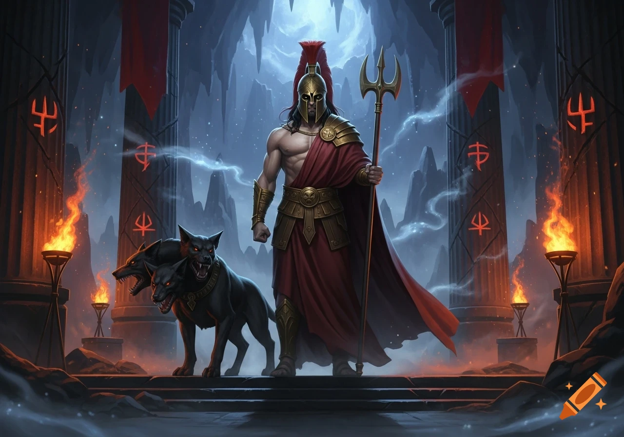 Hades, the Greek god, stands in the Underworld with his three-headed ...