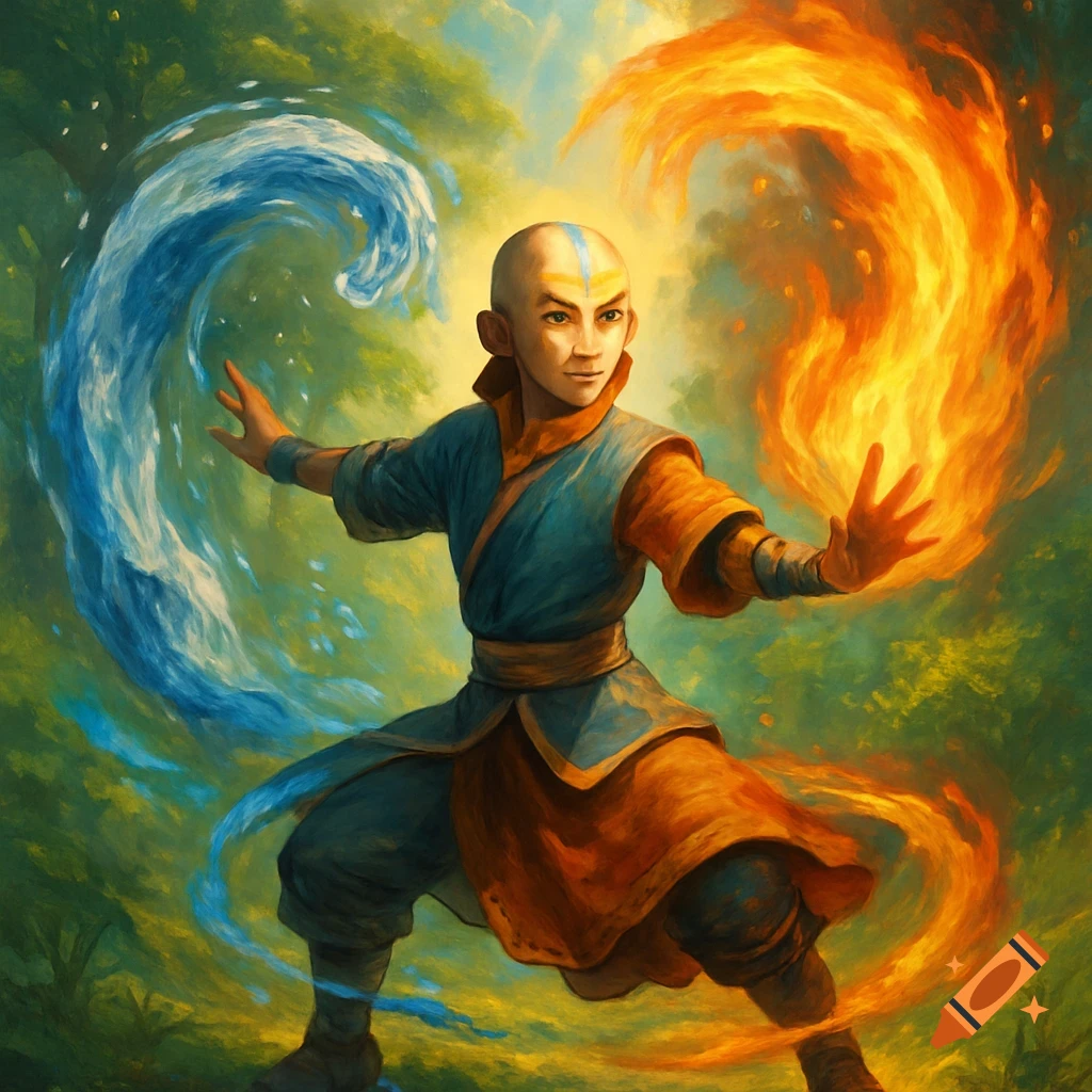 A bald boy, Aang from Avatar, bends water with his left hand and fire ...