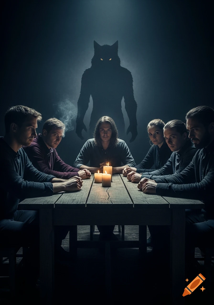 Six people sit around a candlelit table with intense expressions as a ...
