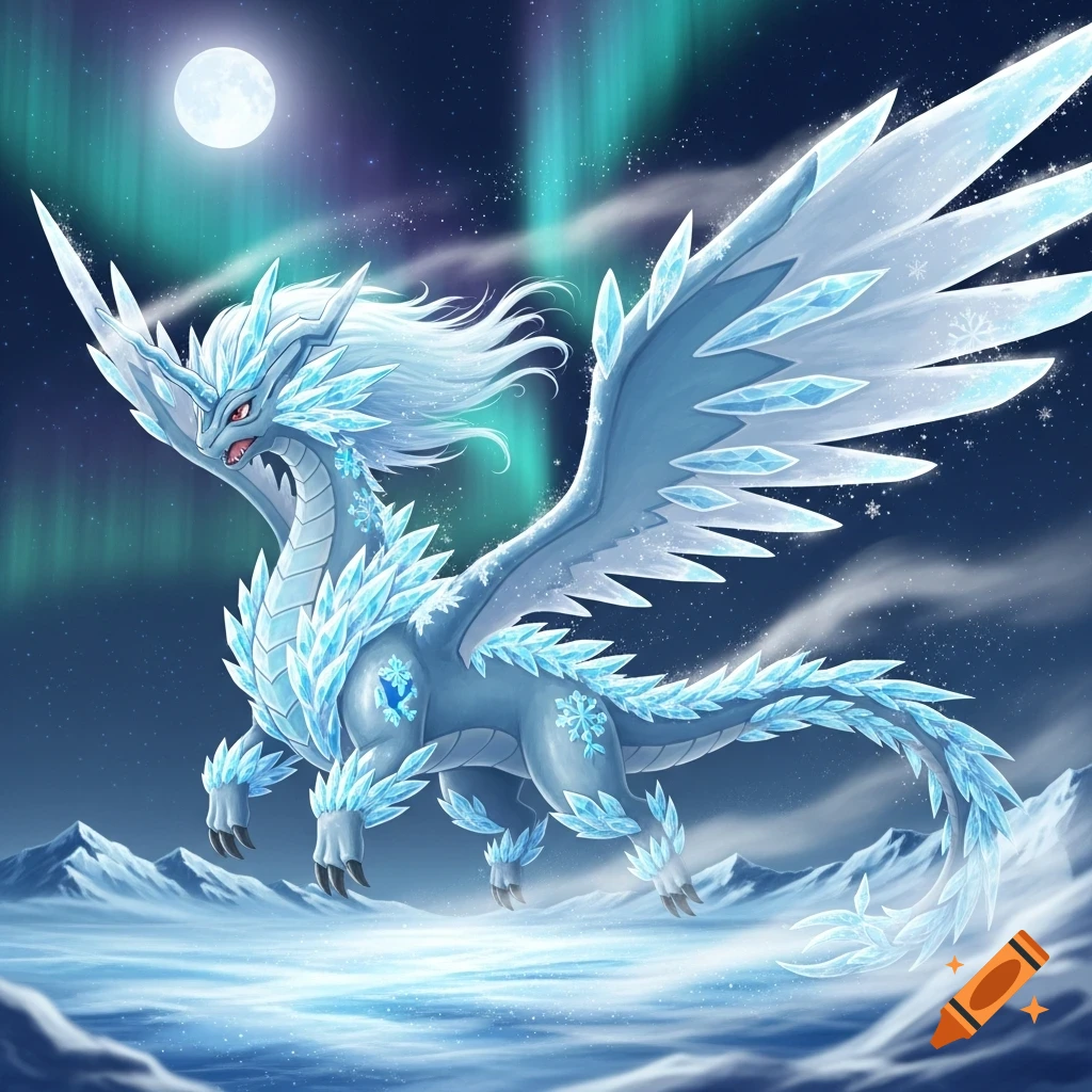 A majestic ice dragon with crystal wings flies over a snowy arctic ...