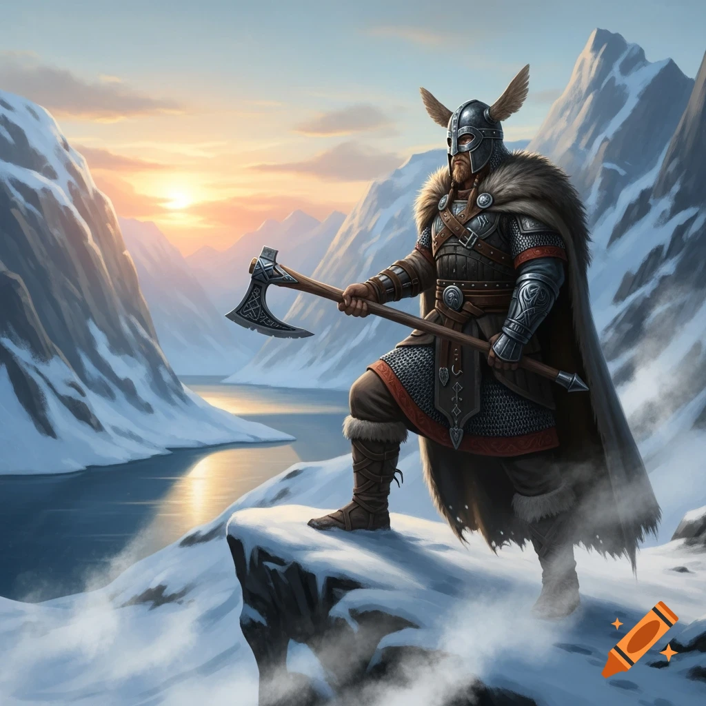 A heavily armored Norse warrior with an axe stands on a snowy cliff ...