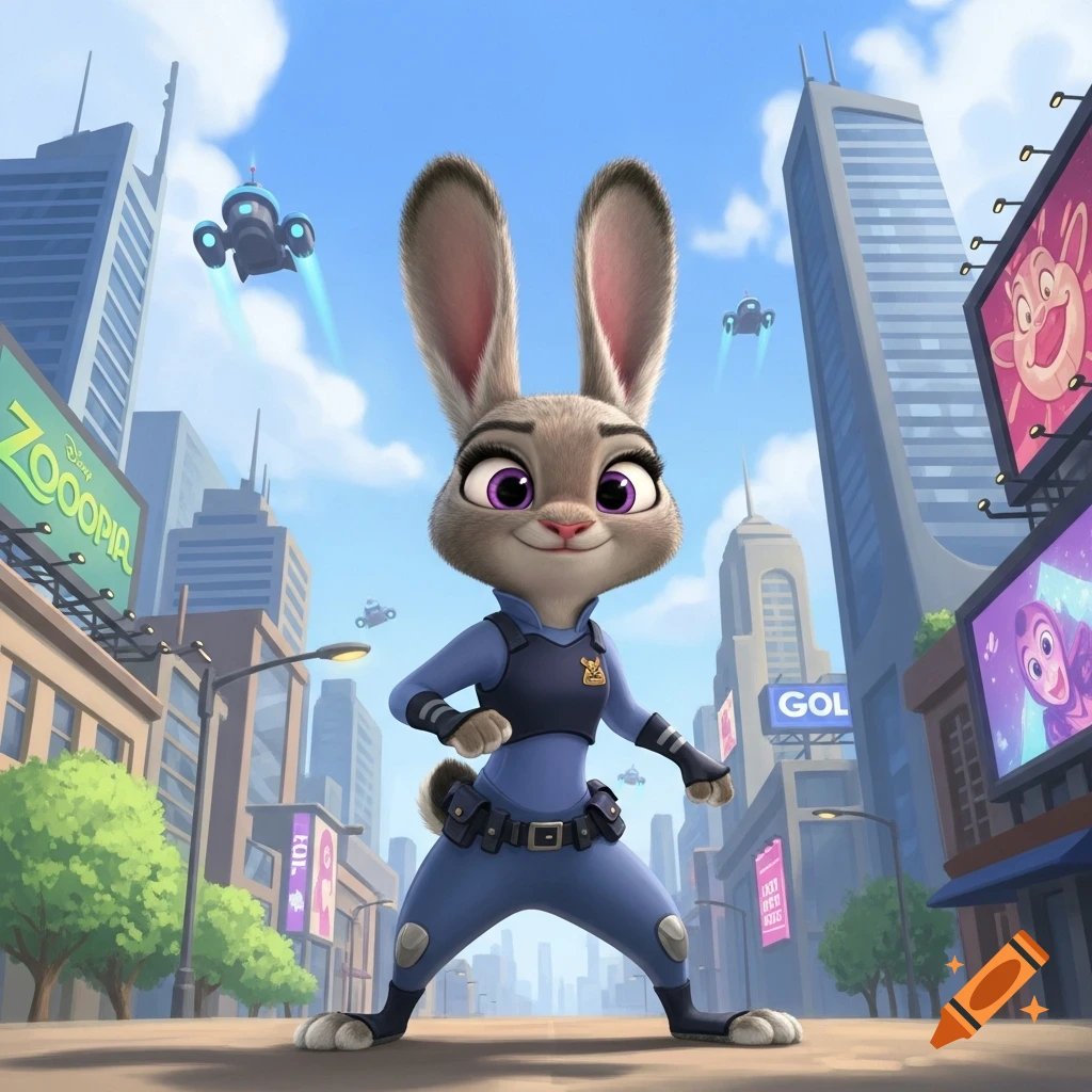 Judy Hopps, a police rabbit from Zootopia, stands heroically in a ...