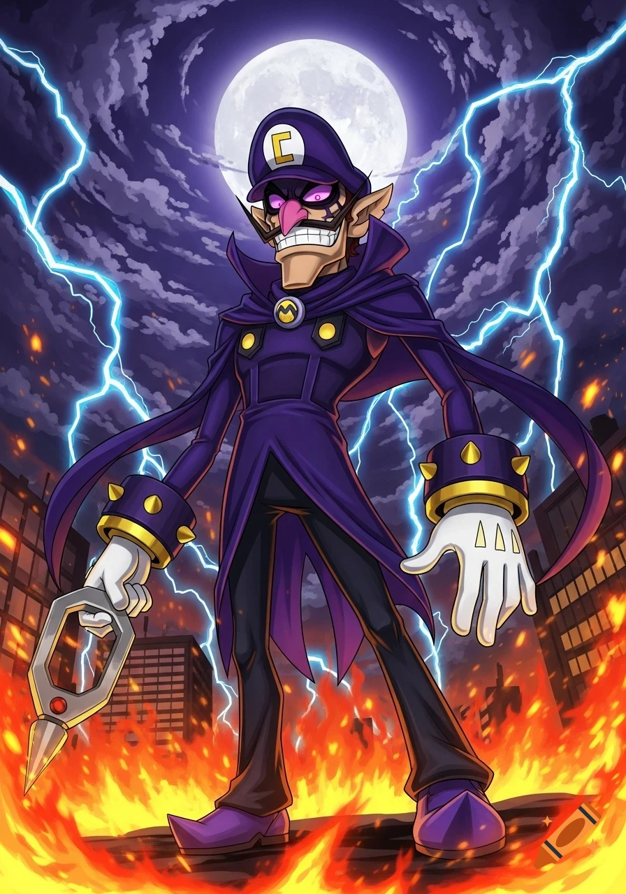 Waluigi depicted as a villain in My Hero Academia style, standing in a ...