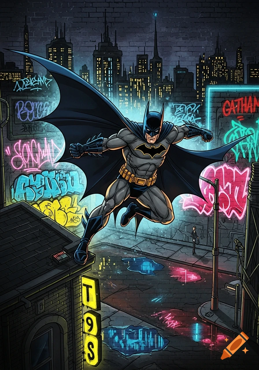 Batman leaps from a Gotham rooftop at night, surrounded by neon lights ...