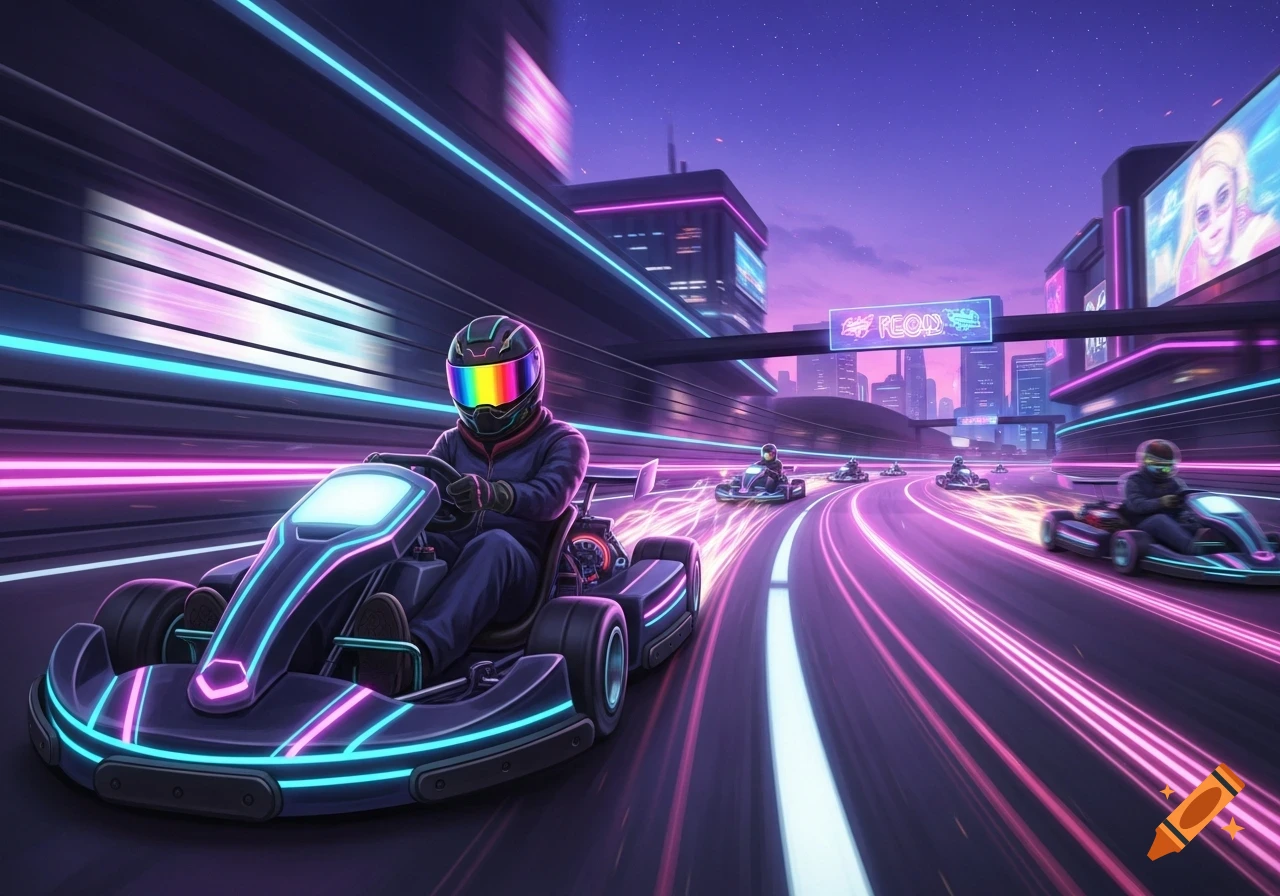 Go-karts race on a neon-lit track through a futuristic city at high ...