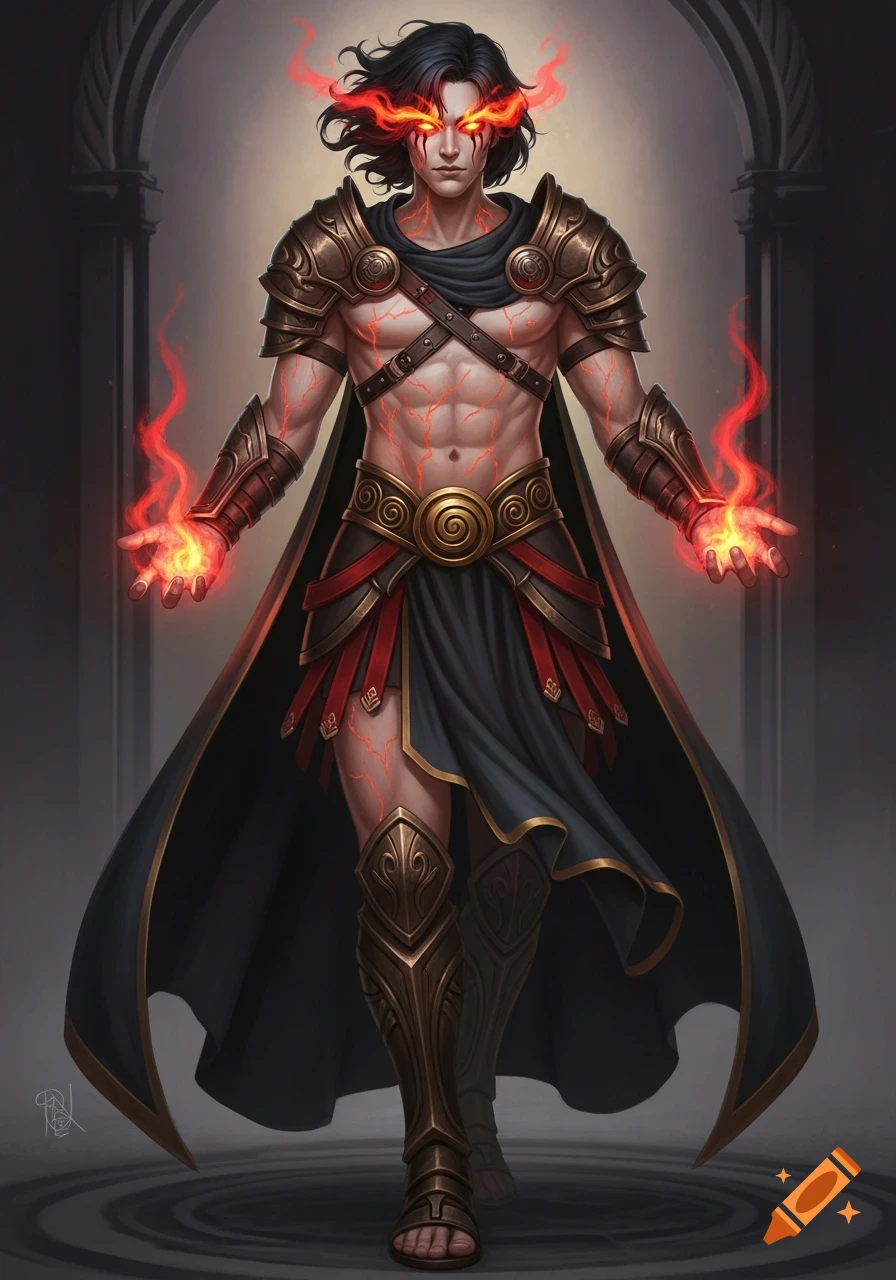 A muscular male demigod with dark hair, glowing red eyes, and red veins ...