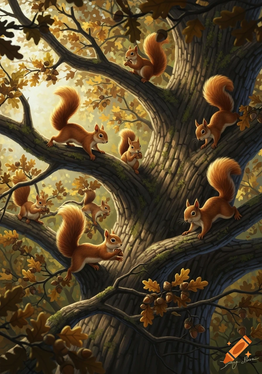 Several brown squirrels gather acorns on the branches of a large oak ...