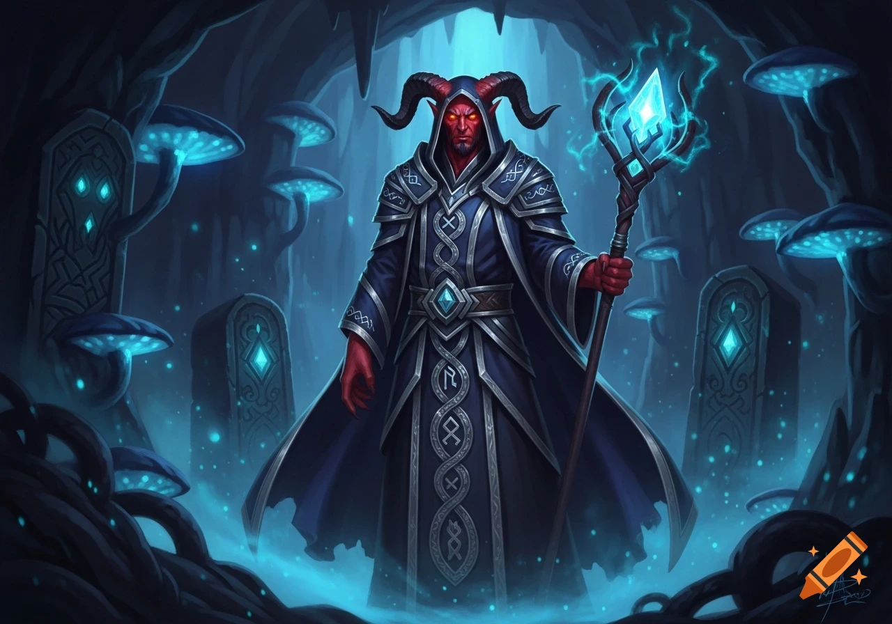 A red-skinned, horned tiefling warlock in a dark hooded robe holds a ...