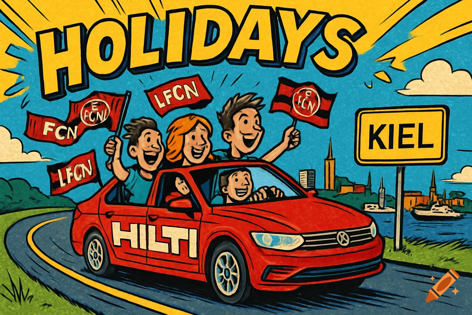 Comic art of a family in a red car, holding flags, driving towards Kiel ...