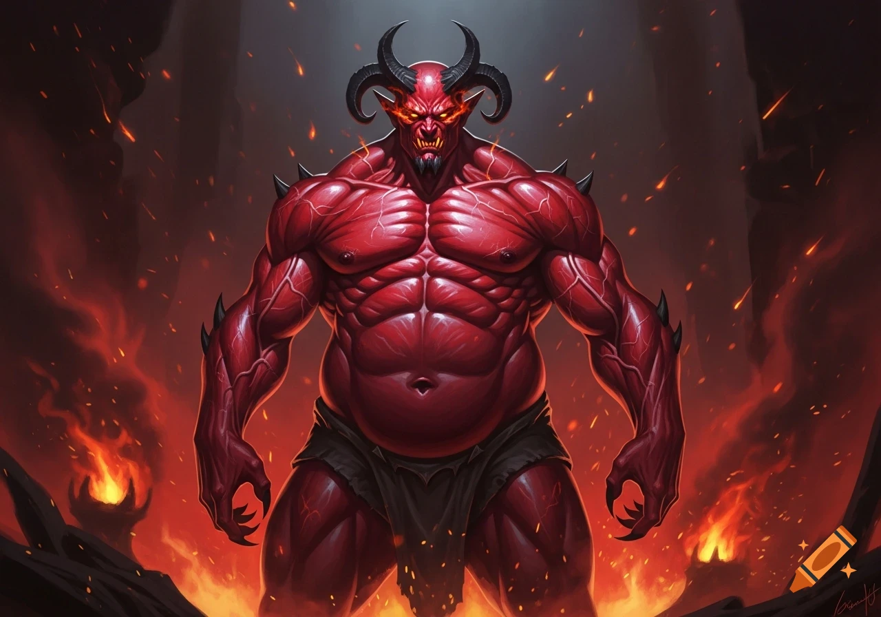 A muscular red demon with horns and glowing eyes stands in a fiery ...